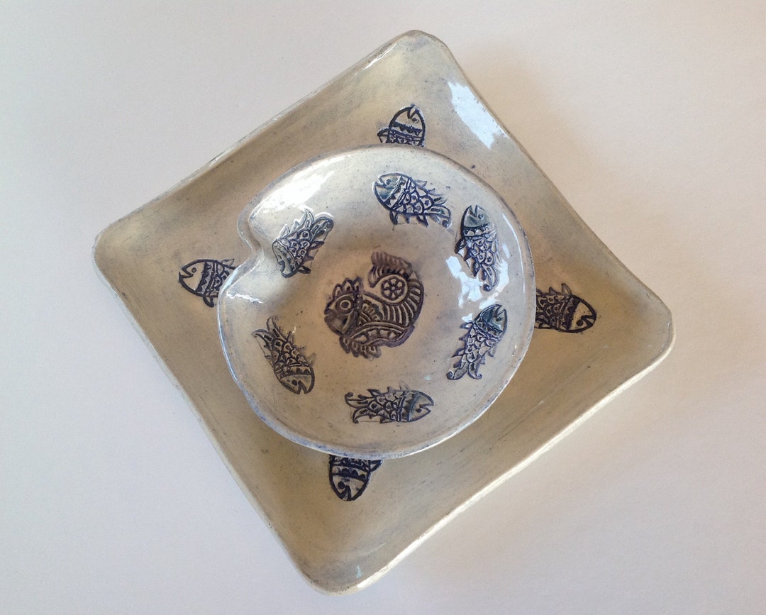 Blue Fish Plate + Small Bowl Set, Handmade Ceramic Plate, Serving Tray ...