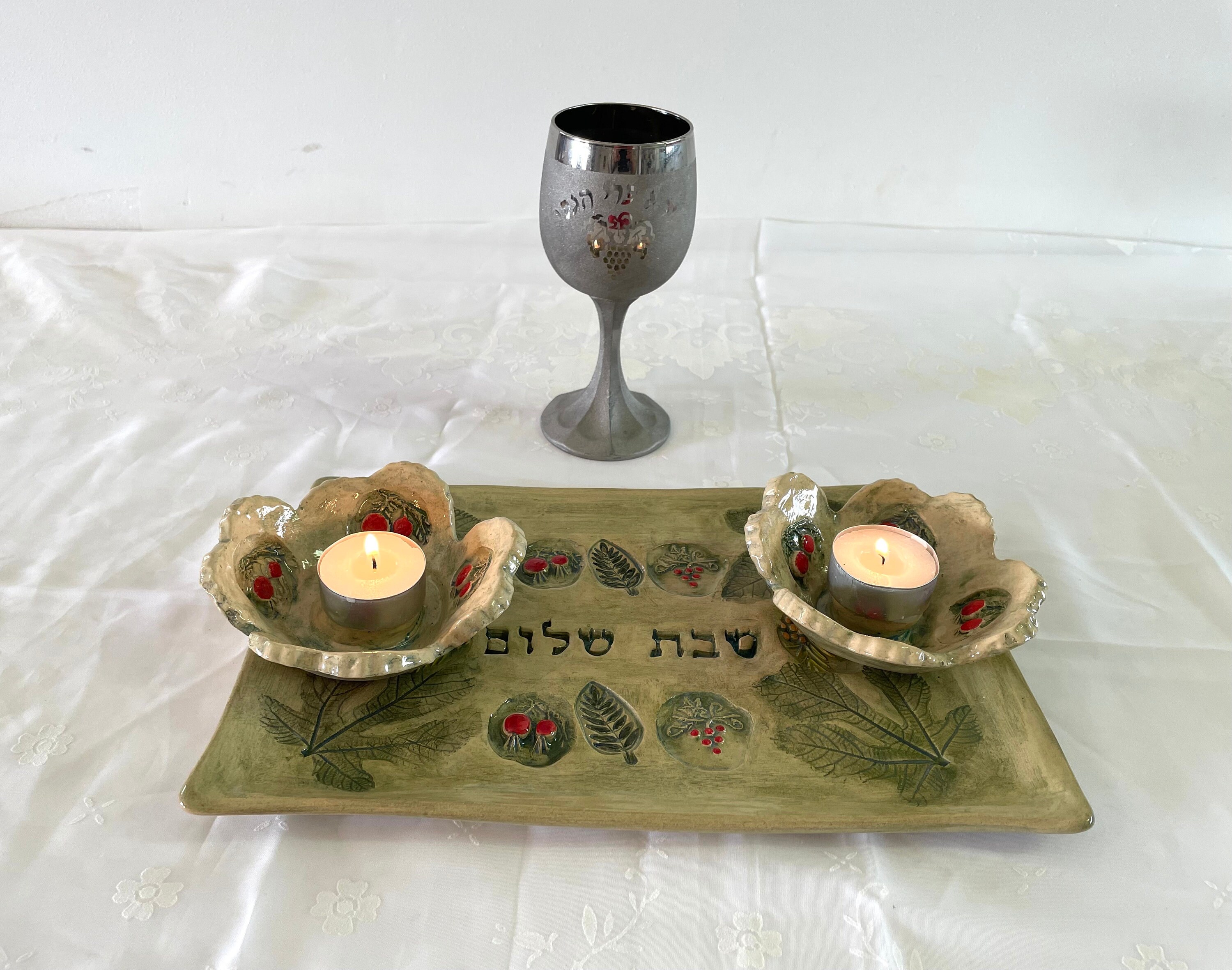 Ceramic Shabbat Shalom Plate With Two Candleholders and Small Bowl ...