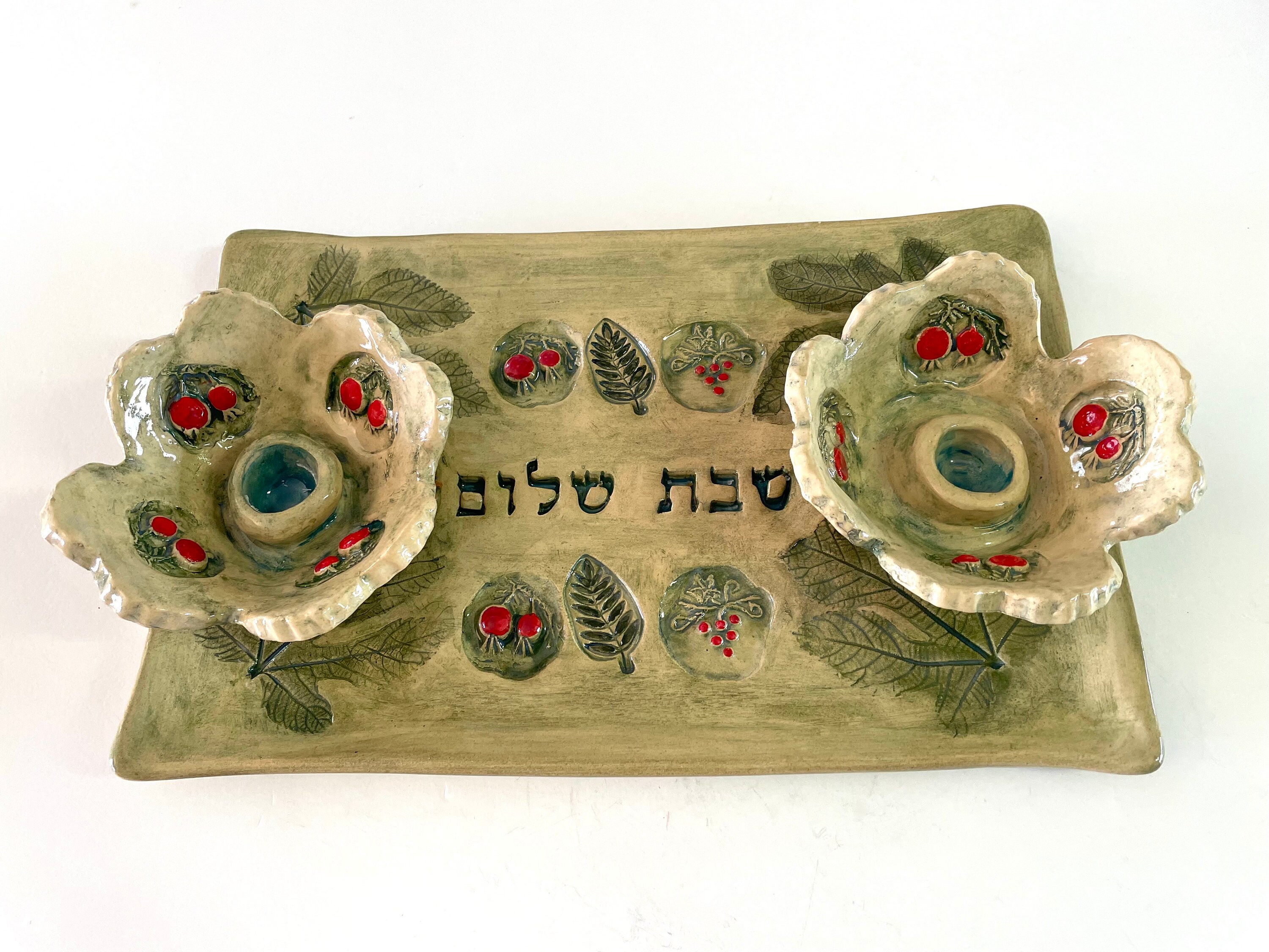 Ceramic Shabbat Shalom Plate With Two Candleholders and Small Bowl ...
