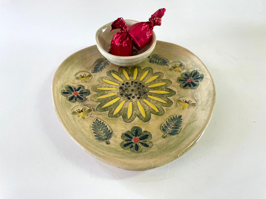 Handmade Pottery, Sunflower Serving Tray With a Bowl Set, Ceramic ...