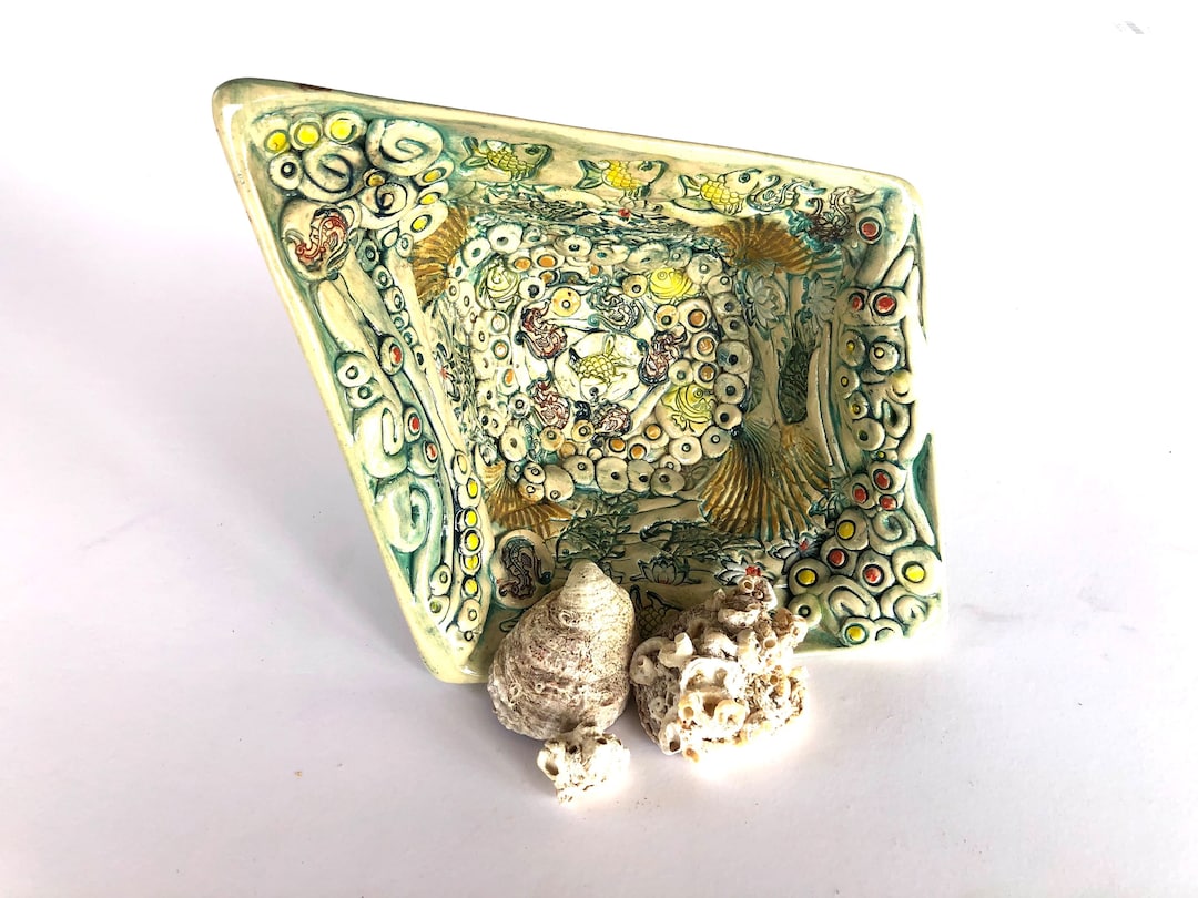 Asymmetry Ceramic Fish Bowl Hand Built Pottery Depths of the Ocean Bowl ...
