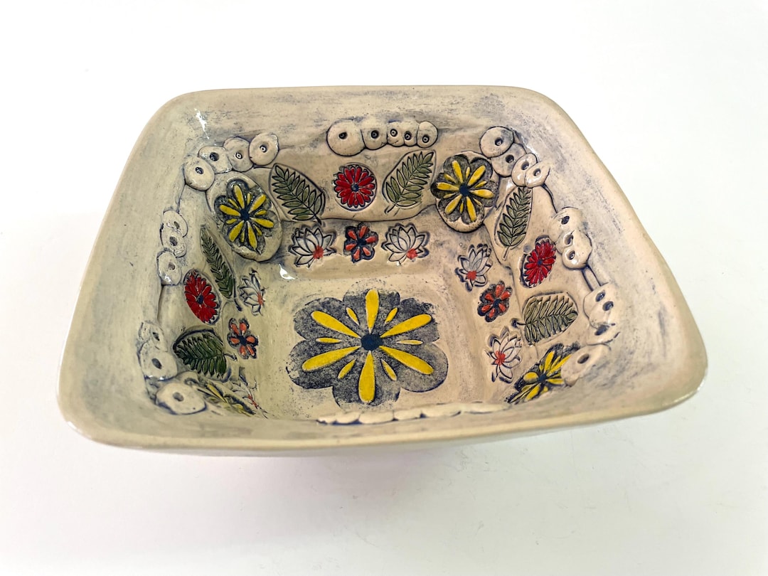 Handmade Ceramic Serving Bowl: Blossom Flower Design, Israeli Pottery ...