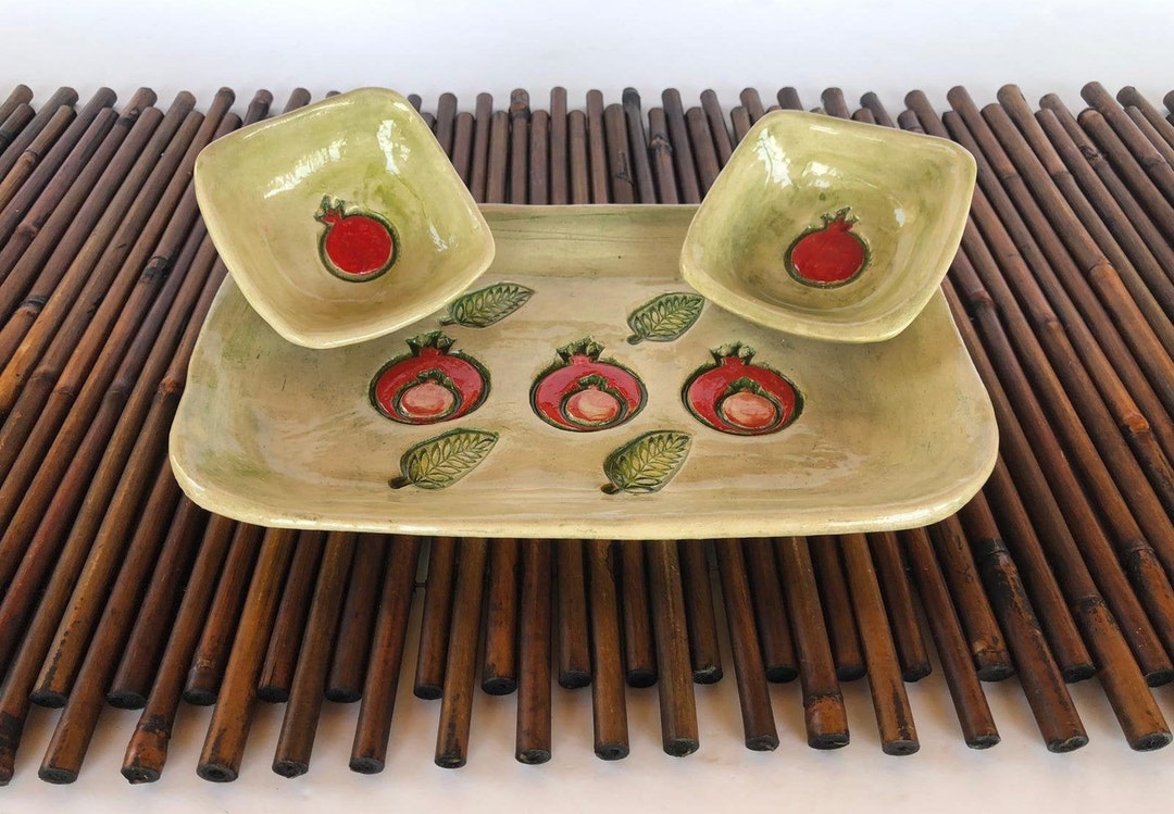 Pomegranate Ceramic Serving Dish Set: Tray With Two Small Bowls ...