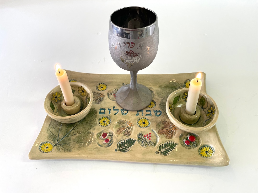 Ceramic Shabbat Shalom Set, Judaica Abundance Tray and Two Candle ...