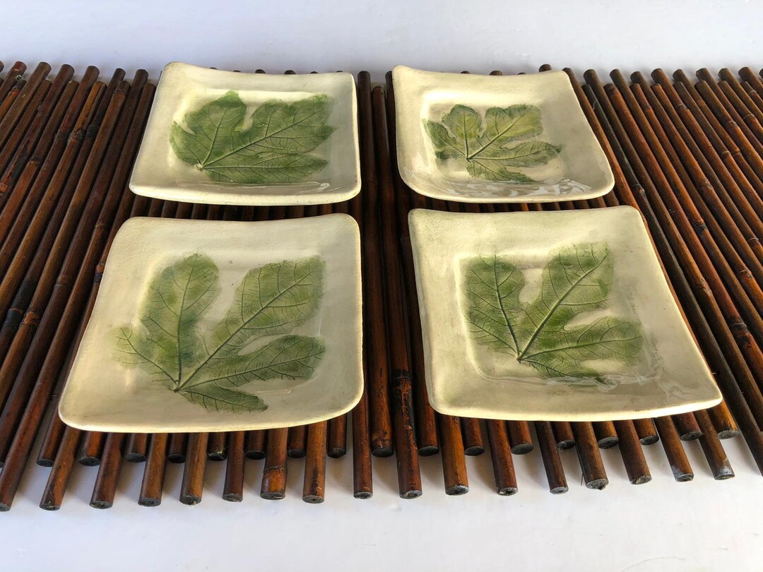 Botanical Pottery Fig Leaf Plates: Israeli Art Serving Dishes, Set of 4 ...