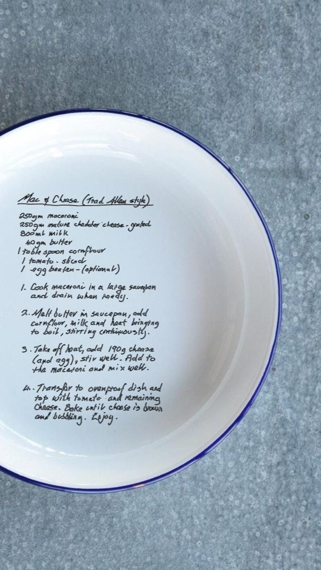 Handwritten Recipe - Engraved Enamel Shallow Bowl - Personalised Bowl ...