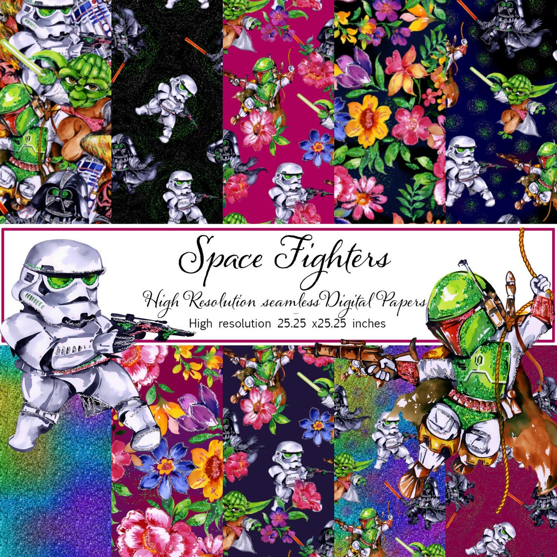 Space Fighters Inspired Digital Paper With Floral - Etsy