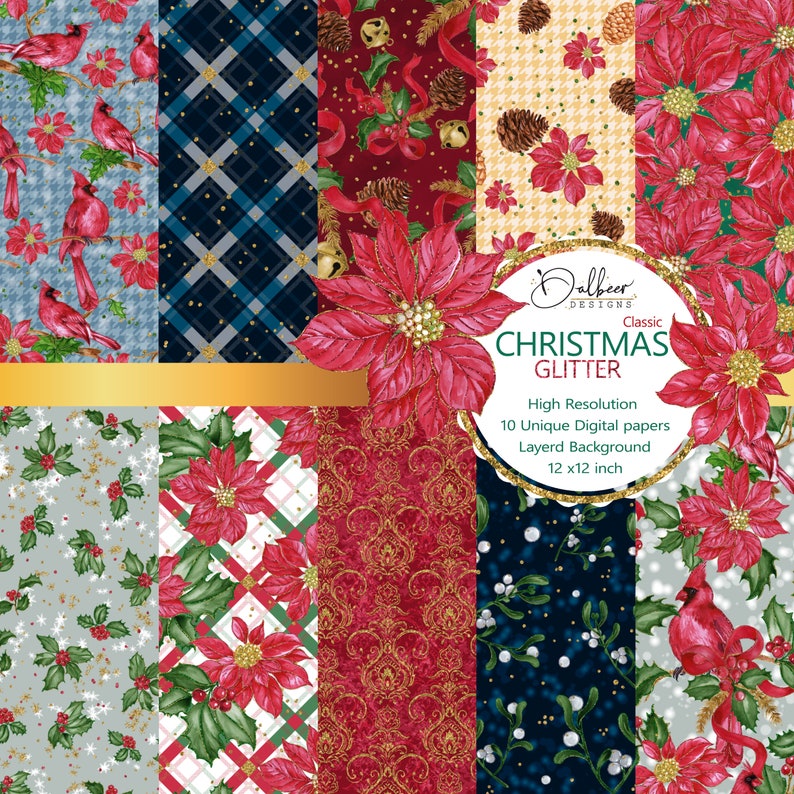 Christmas Glitter Digital Paper Pack Winter Floral Cardinal Bird With ...