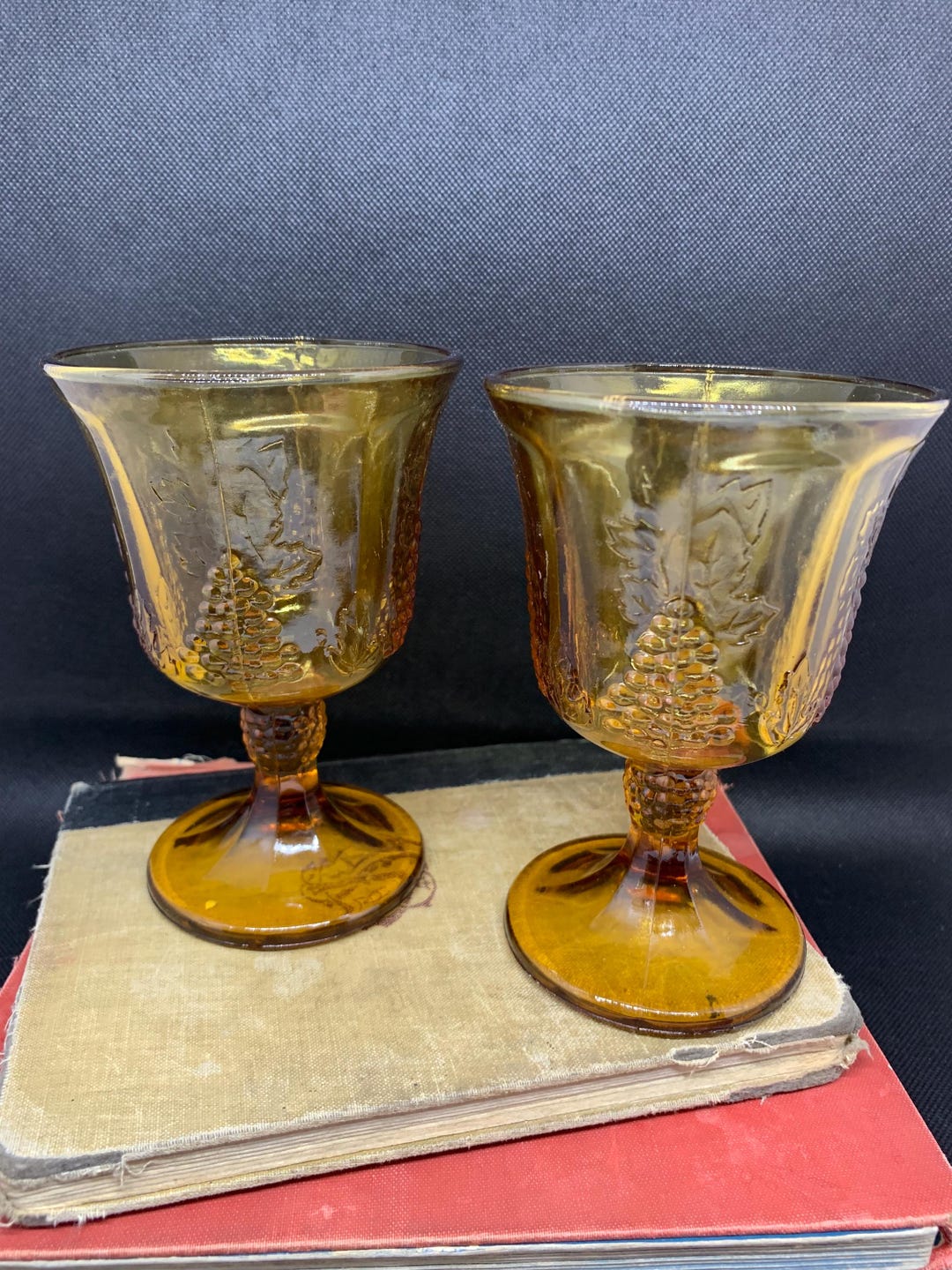 Vintage Indiana Glass Grape Pattern Honey Amber Pedestal Goblets-set of ...