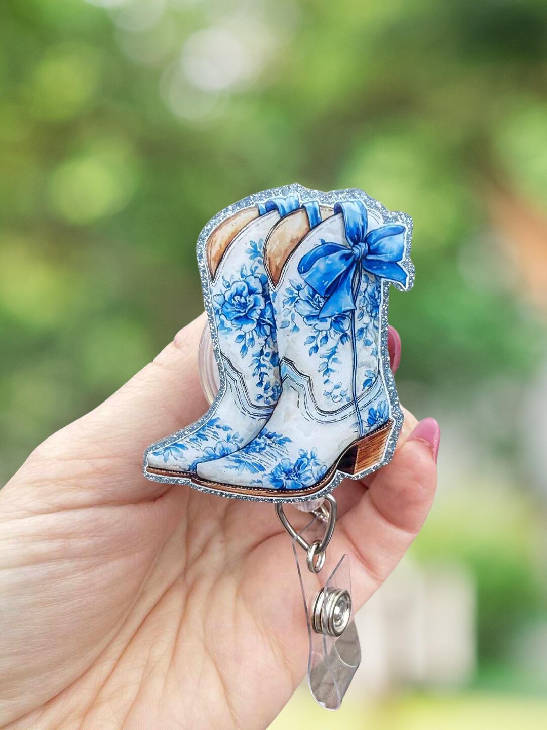 Blue Floral Cowboy Boots Retractable Badge Reel, RN Badge Clip, Medical ...