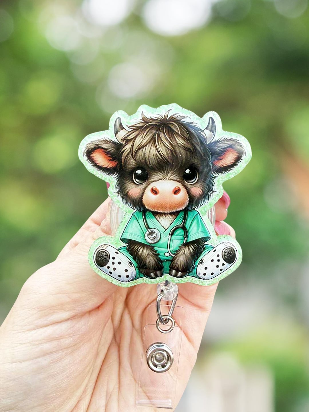 Cow Nurse Retractable Badge Reel, Medical ID Holder, Cow in Mint Scrubs ...