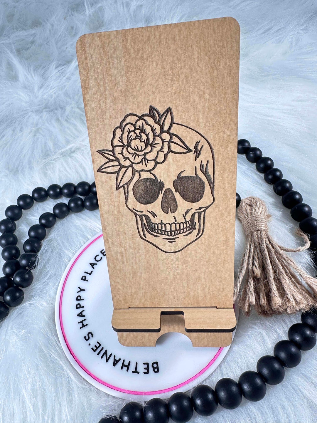 Skull Engraved Phone Stand, Floral Skull, Skull Gifts for Her, Wood ...