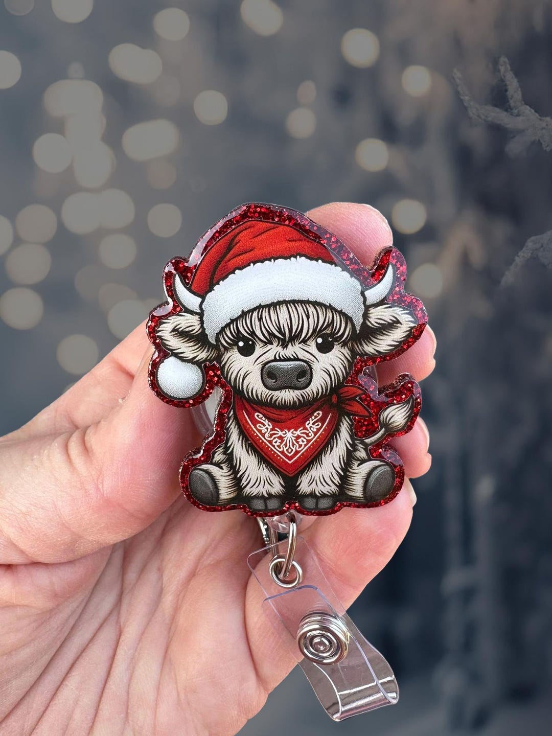 Christmas Highland Cow Retractable Badge Reel, Christmas Acrylic Badge ...