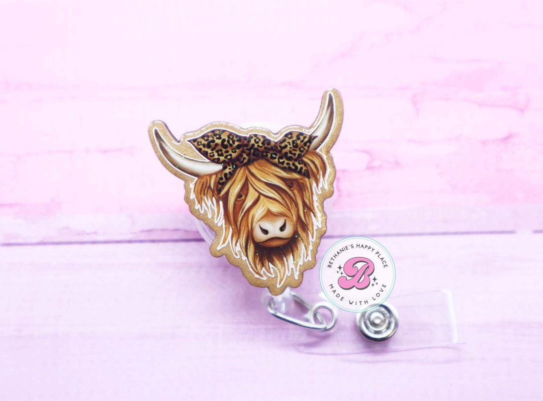 Highland Cow Badge Reel: Wooden Farm Animal ID Holder - Etsy