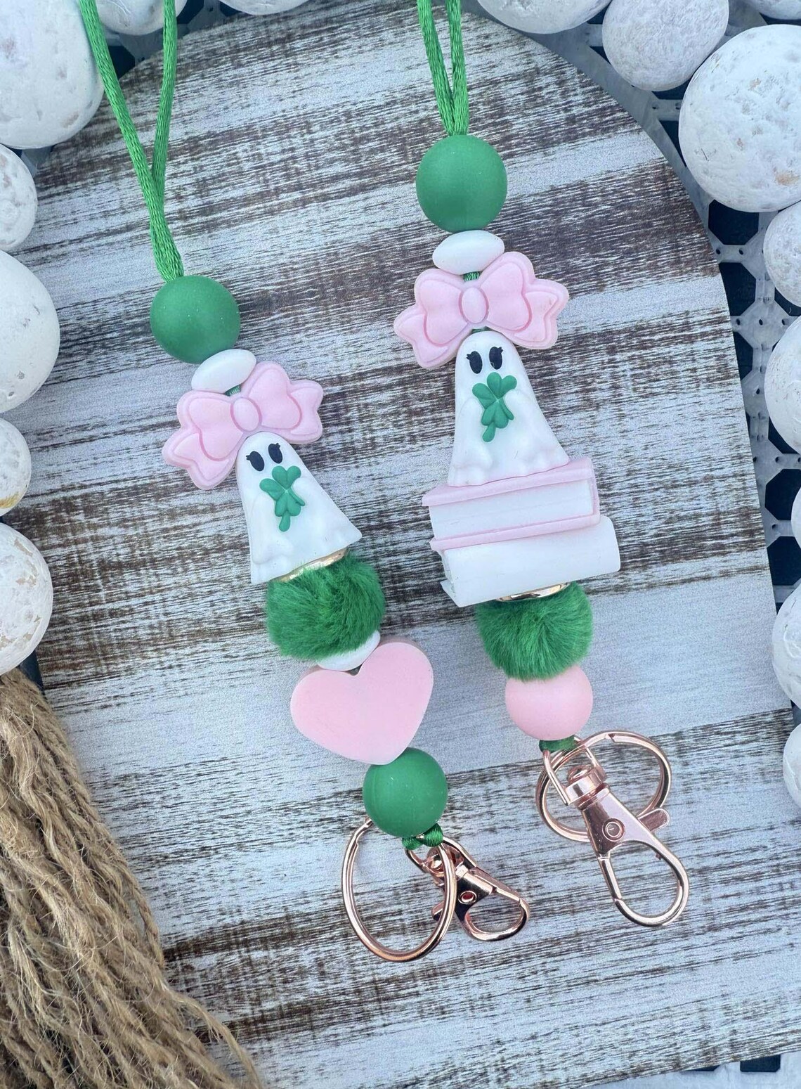 St. Patrick's Day Ghost Lanyard, Ghost Clover BREAKAWAY Beaded Lanyard ...