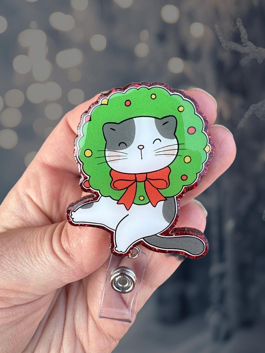 Christmas Cat Wreath Retractable Badge Reel: Nurse Medical ID Holder - Etsy