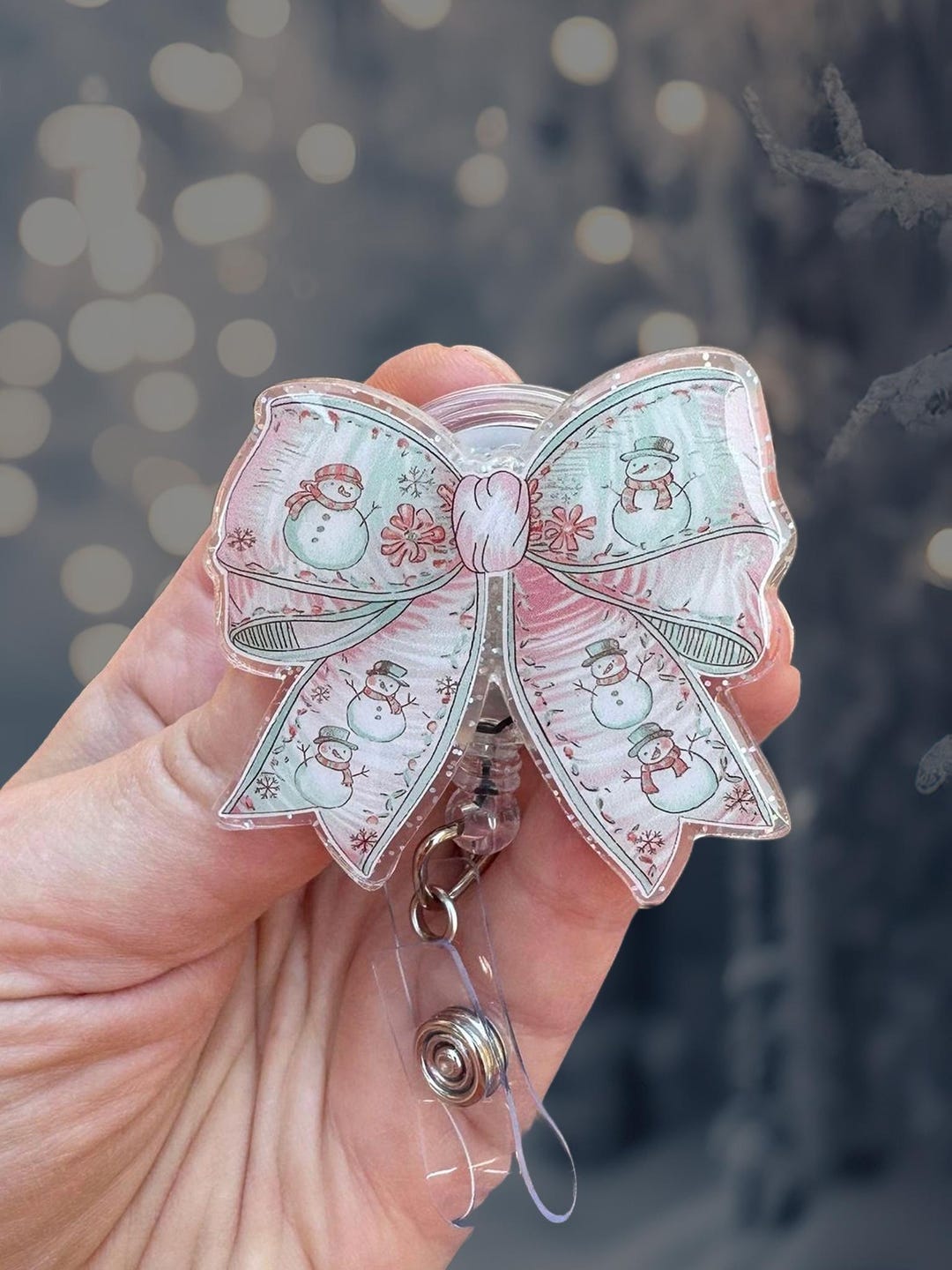 Snowman Bow Retractable Badge Reel: Christmas Acrylic ID Holder - Etsy