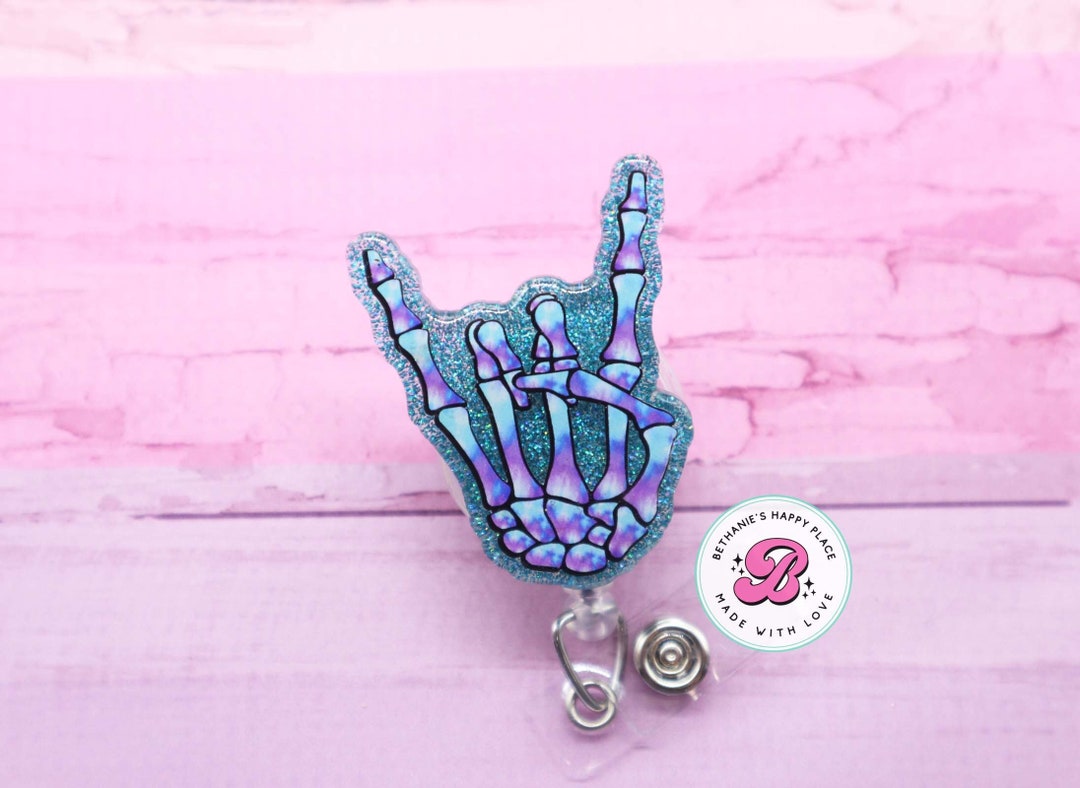 Rock on Skeleton Hand Badge Reel, Skeleton Badge Holder, Badge Reel ...