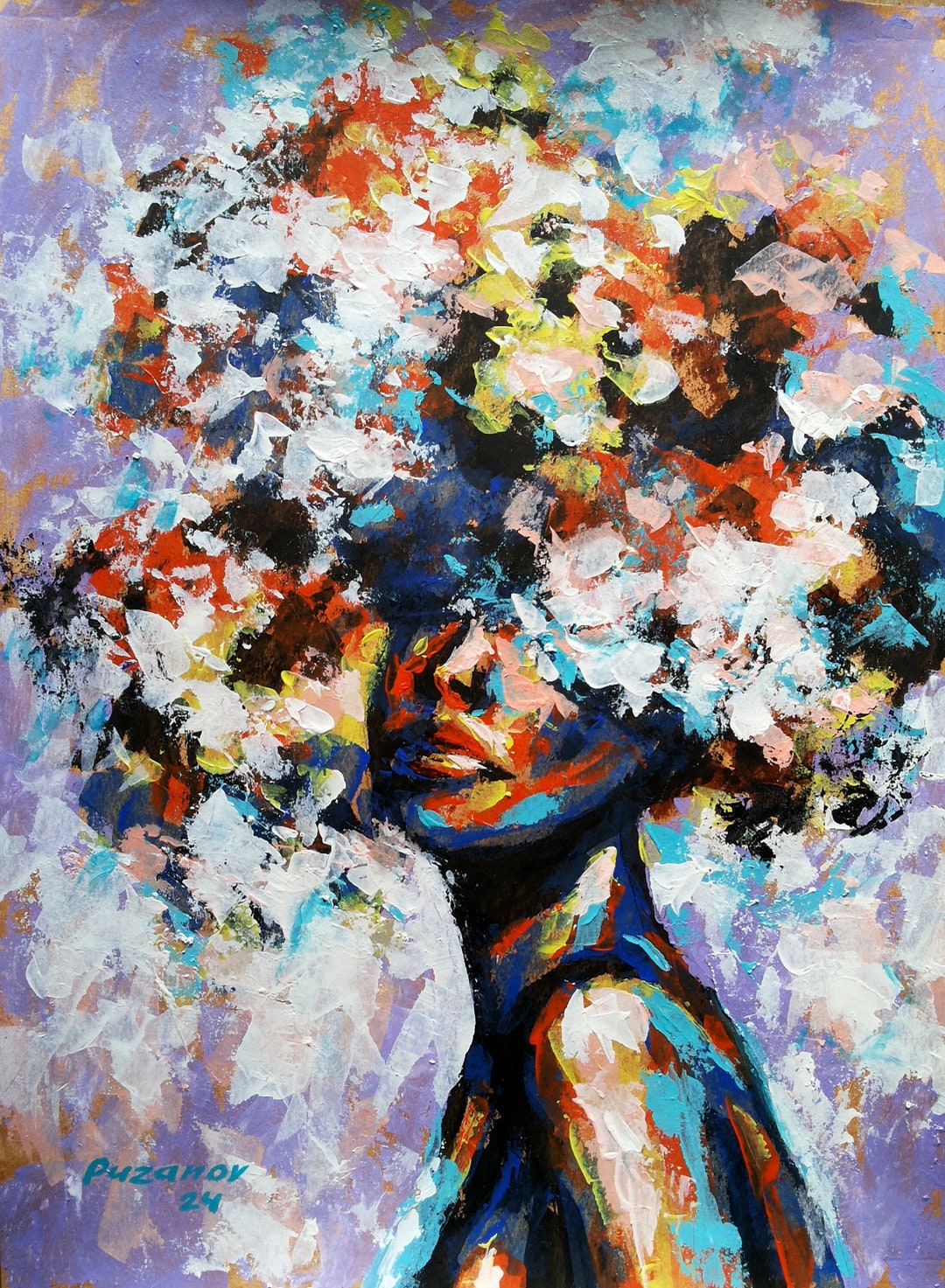 Original Acrylic Painting Flower Head Portrait Contemporary Modern ...