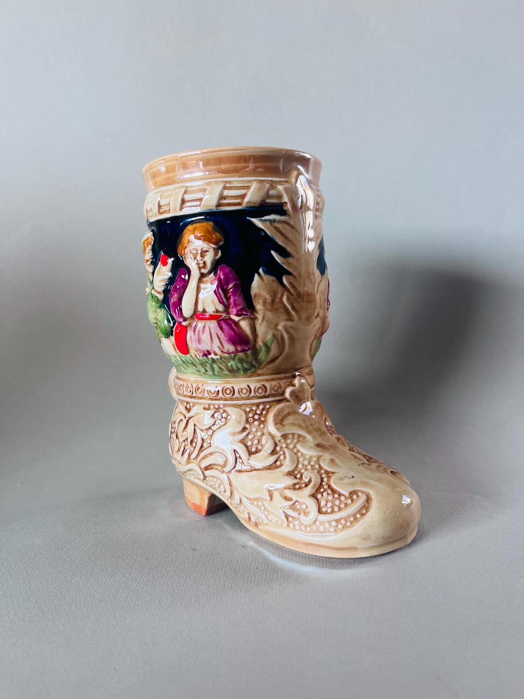 Vintage German Ceramic Beer Boot Stein Vase, Handpainted Folk Scene ...