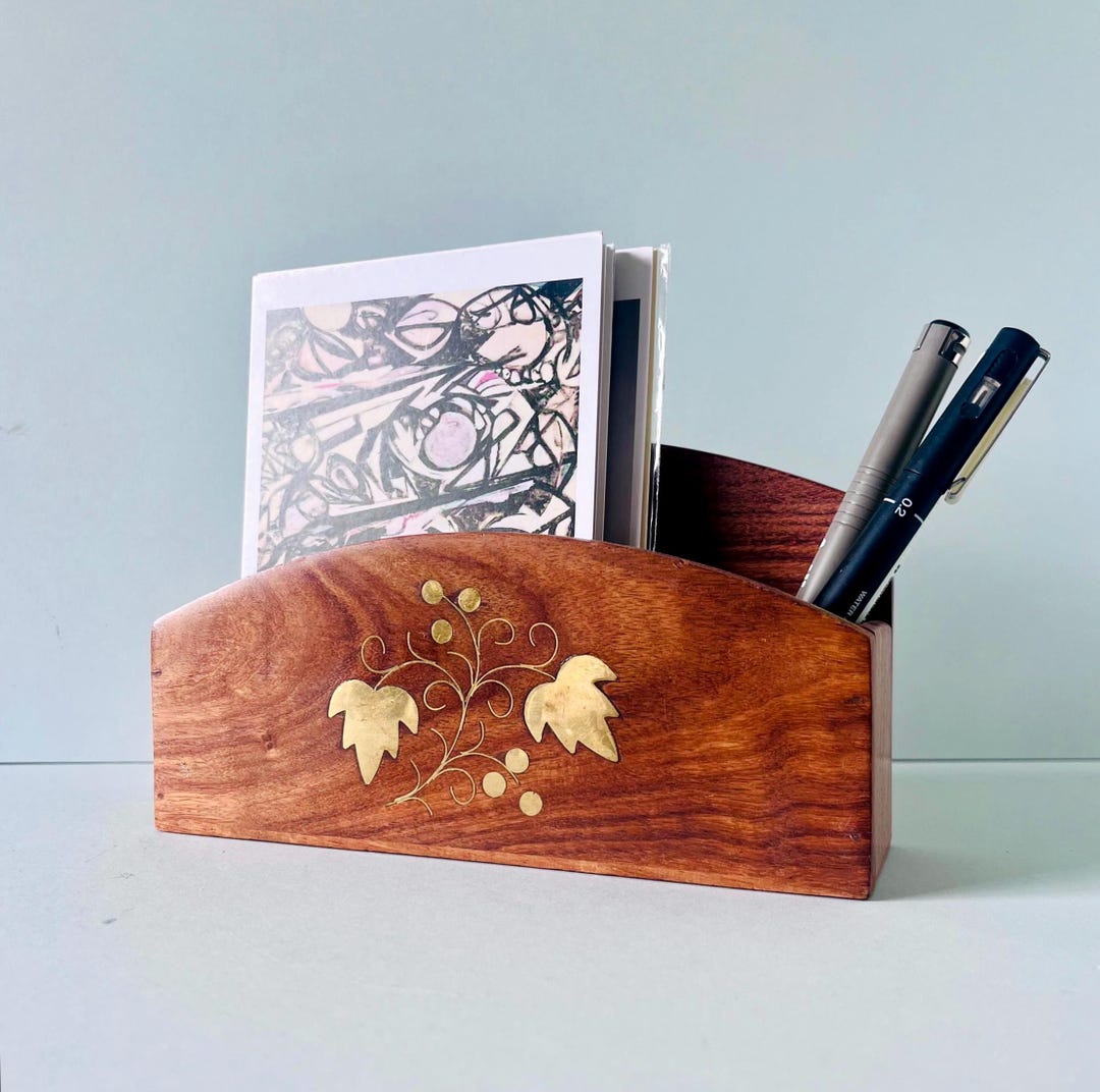 Vintage Brass Inlaid Letter Holder. Hand Carved Wooden Paper Rack ...