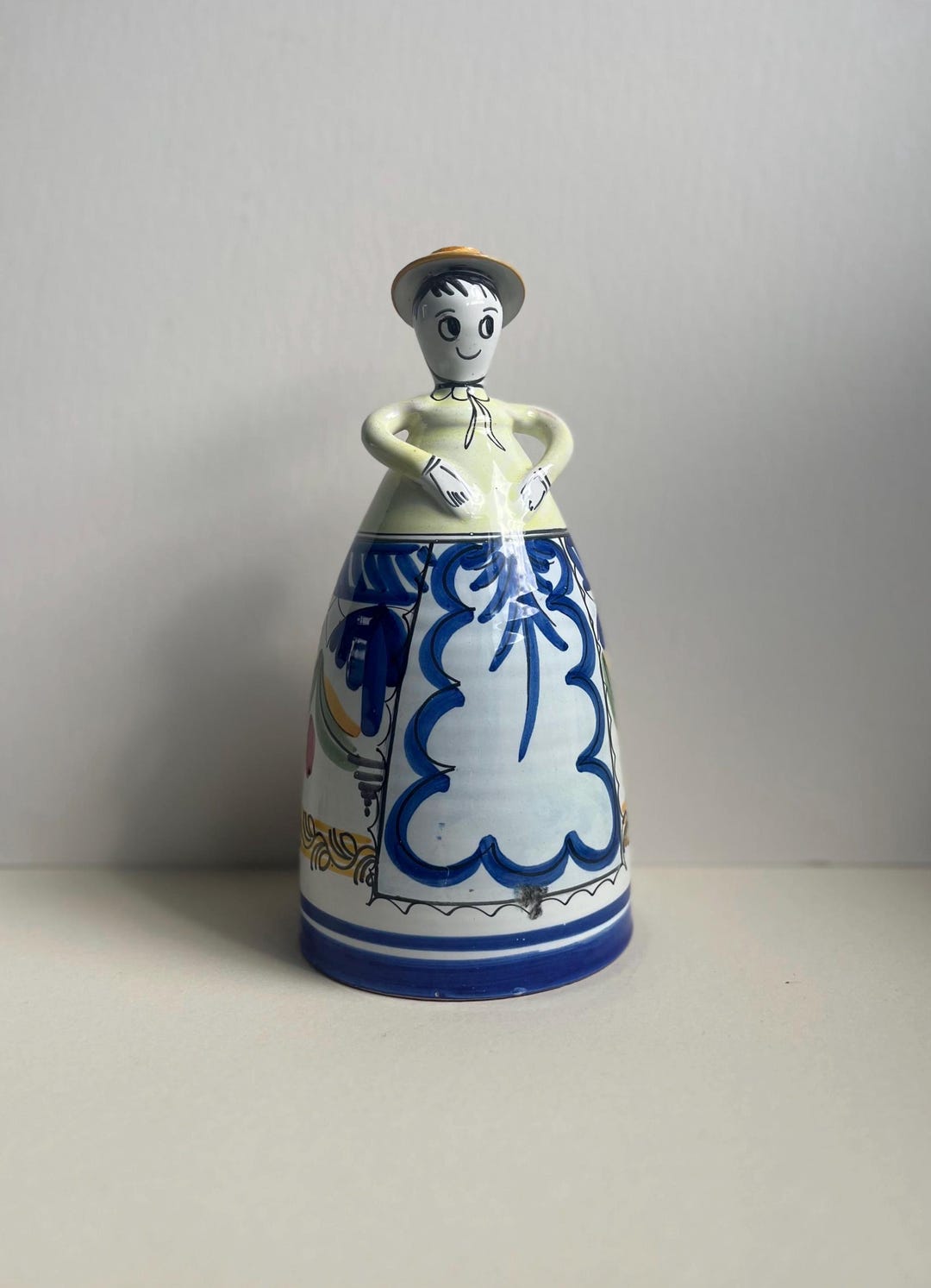 Vintage Ceramic Figurine Bell, Hand Painted Blue and White Lady Bell ...