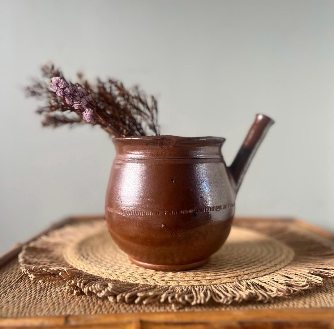 Antique French Rustic Clay Pot With Side Spout, Brown Farmhouse ...