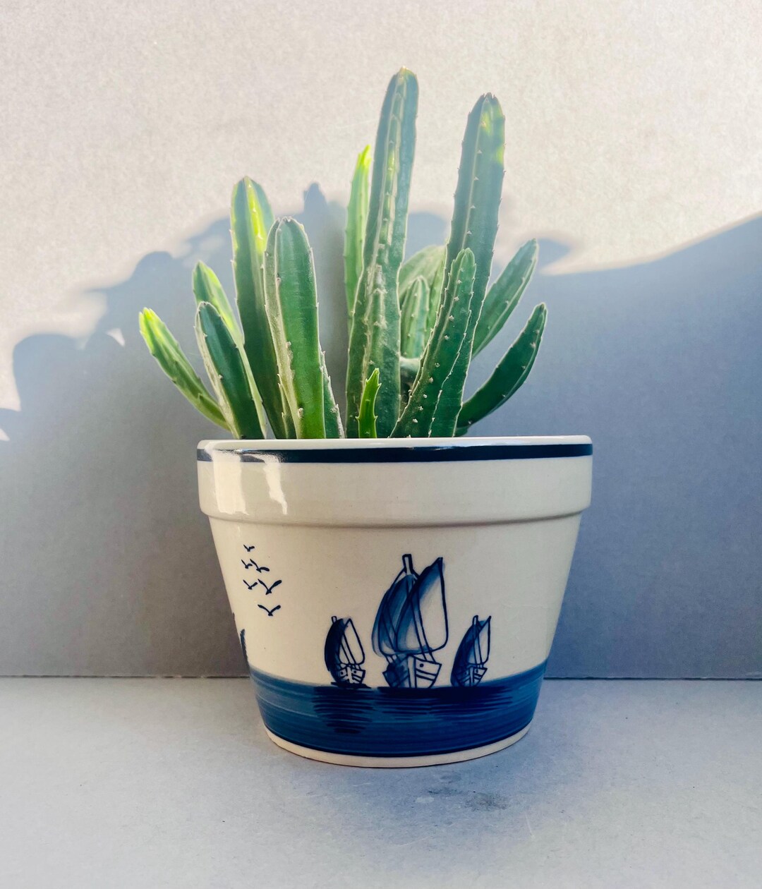 Vintage Delftware Planter Pot With Sailing Ship Design.blue and White ...