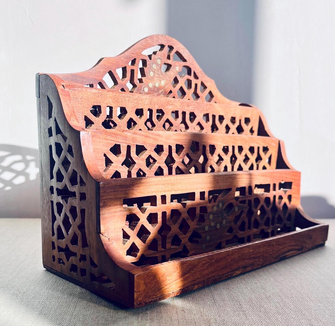 Vintage Carved Desk Organiser. Handmade Wooden Paper Rack With a ...