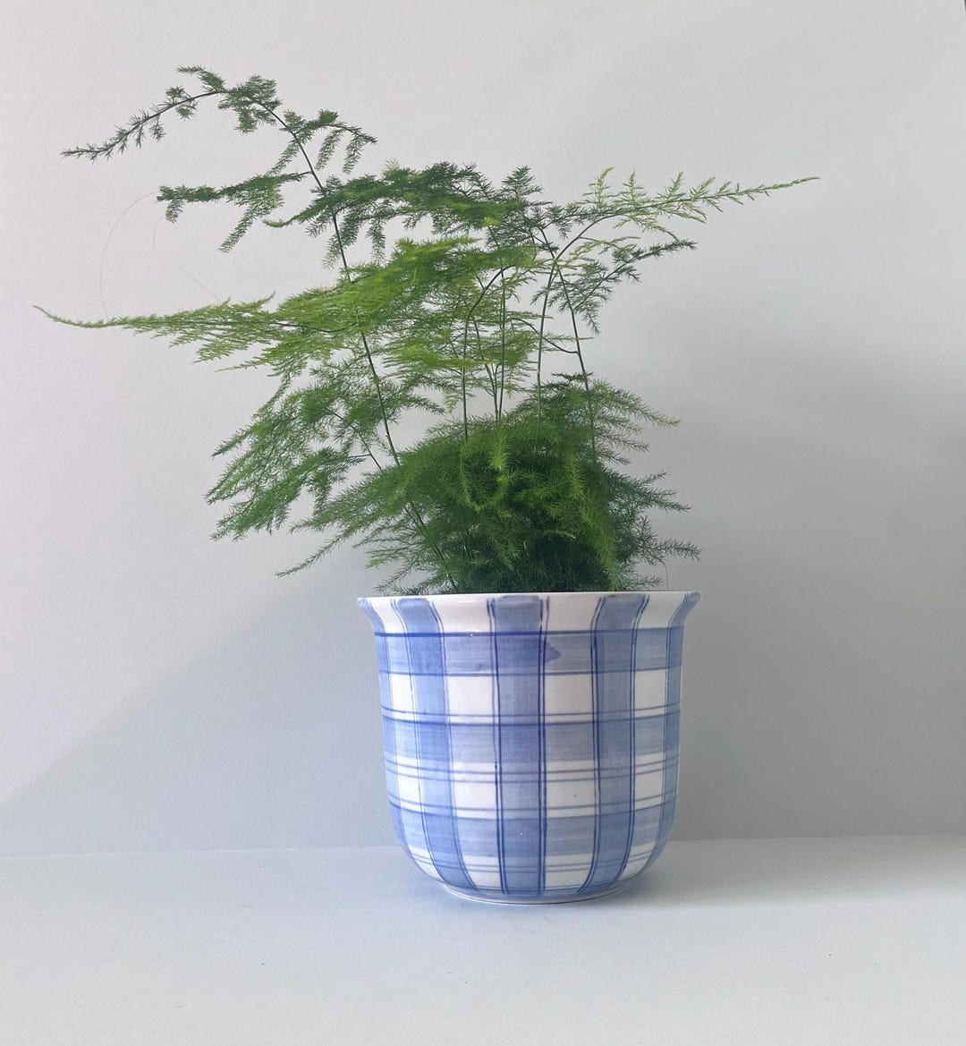 Vintage Blue and White Check Plant Pot.jardiniere.plaid.gingham Check ...