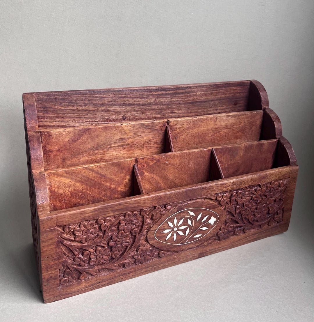 Vintage Carved Desk Organiser. Handmade Wooden Paper Rack With a Inlay ...