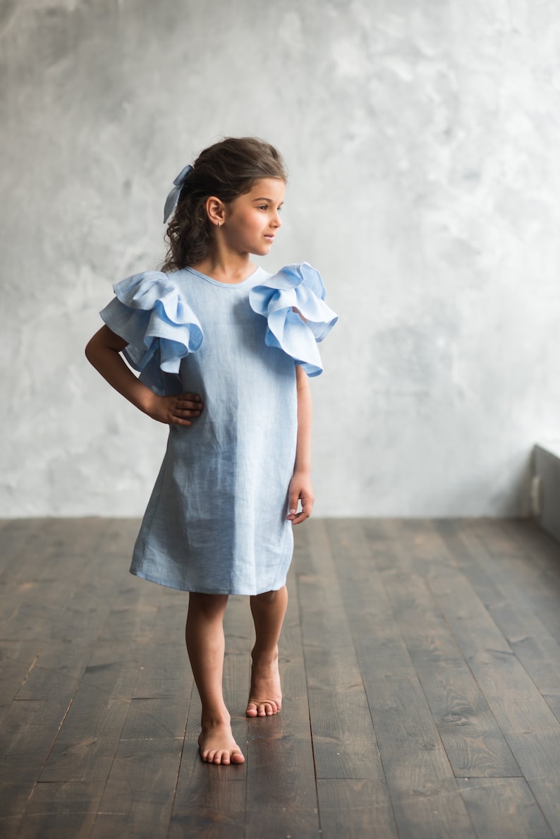 Sky Blue Melange Girls Linen Dress With Flutter Sleeve - Etsy