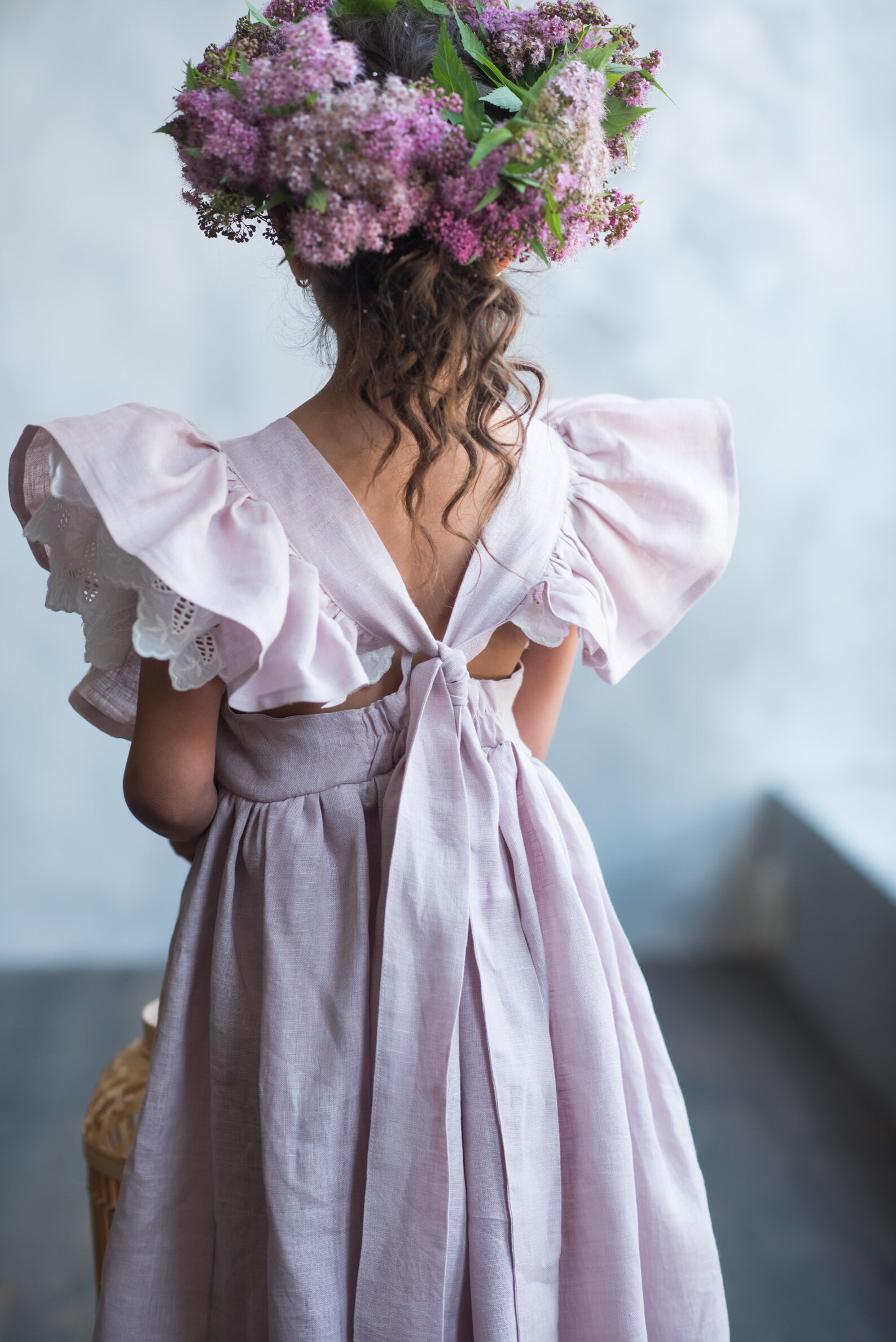 Mustard Linen Dress for Girl With Flutter Sleeve, Girls Linen Pinafore ...
