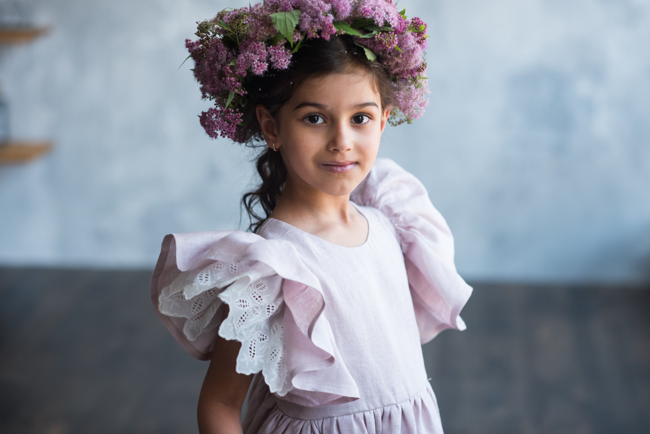 Girls linen dress with flutter sleeve flower girl dress | Etsy