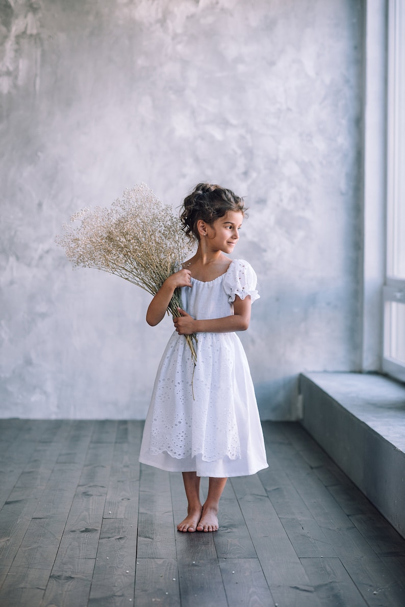 Girls Linen Flutter Sleeve Dress for Junior Bridesmaid in Boho | Etsy