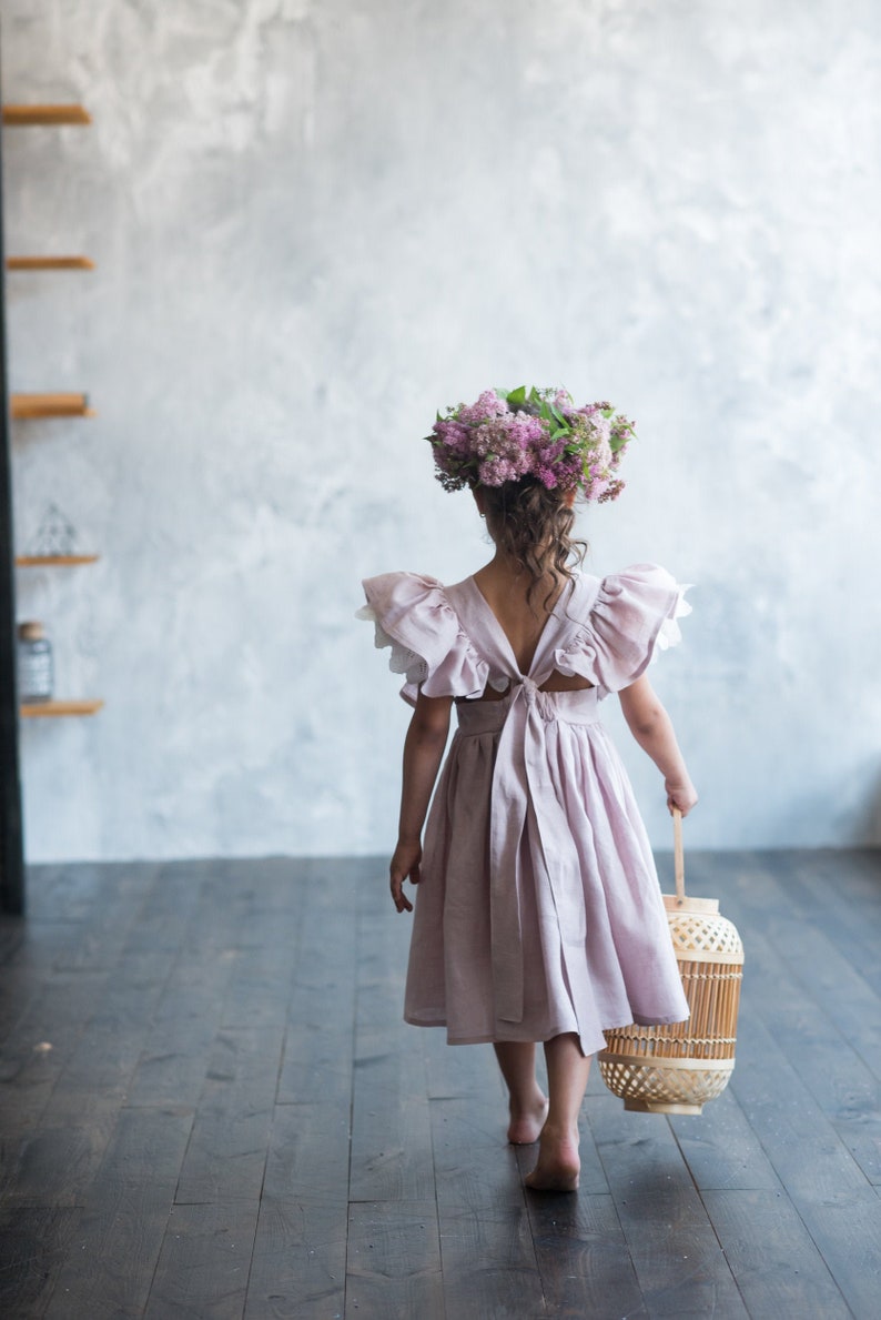 Girls linen dress with flutter sleeve flower girl dress | Etsy