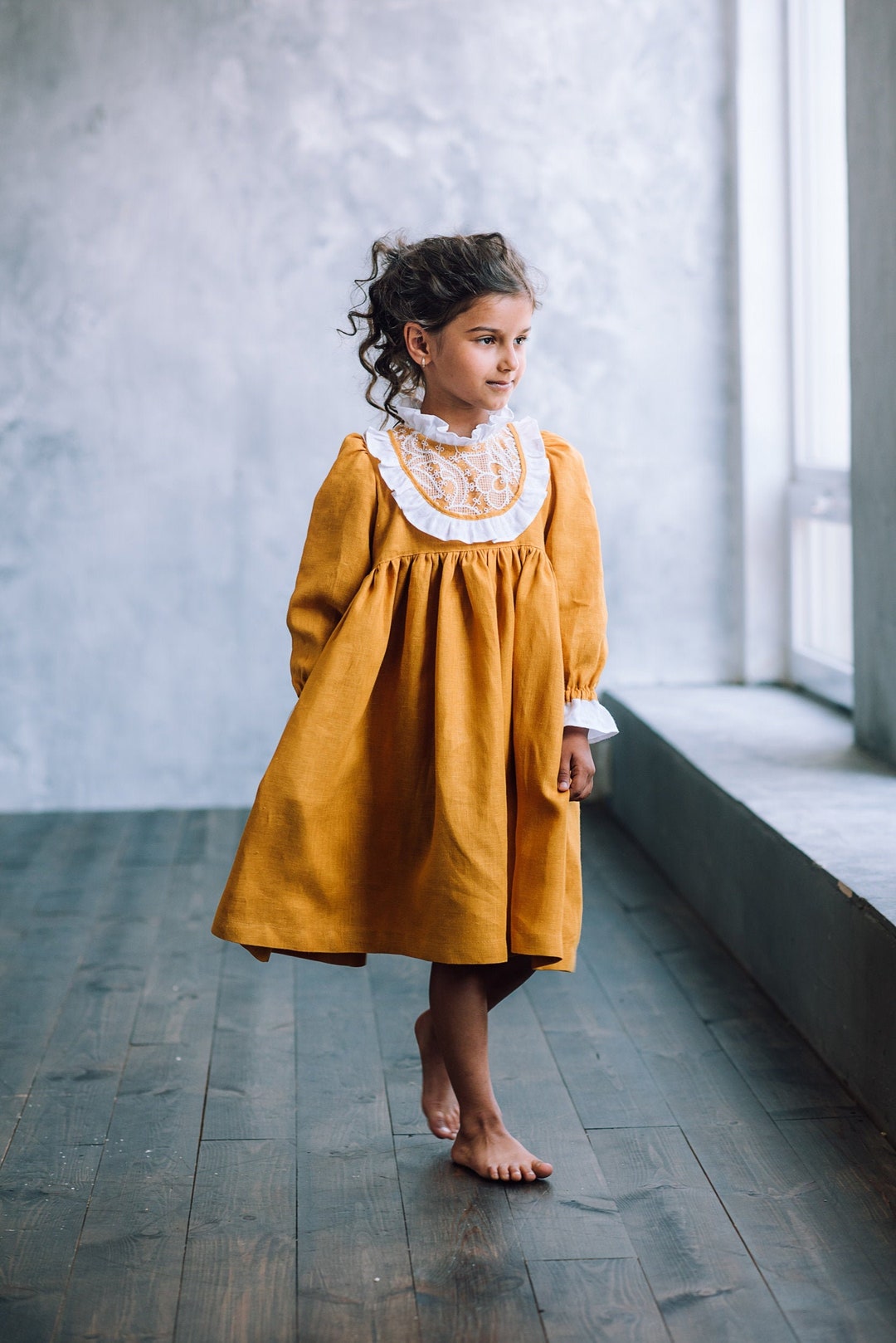 Girls Linen Dress, Linen Flower Girl Dress Long Sleeve, Toddler Dress ...