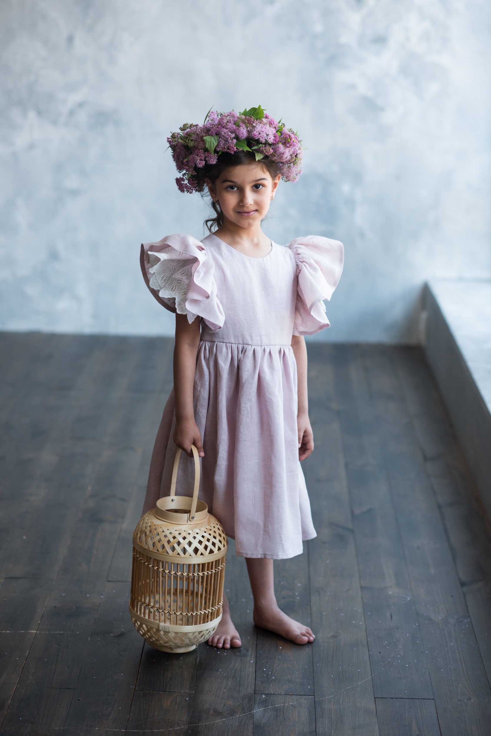 Girls linen dress with flutter sleeve flower girl dress | Etsy