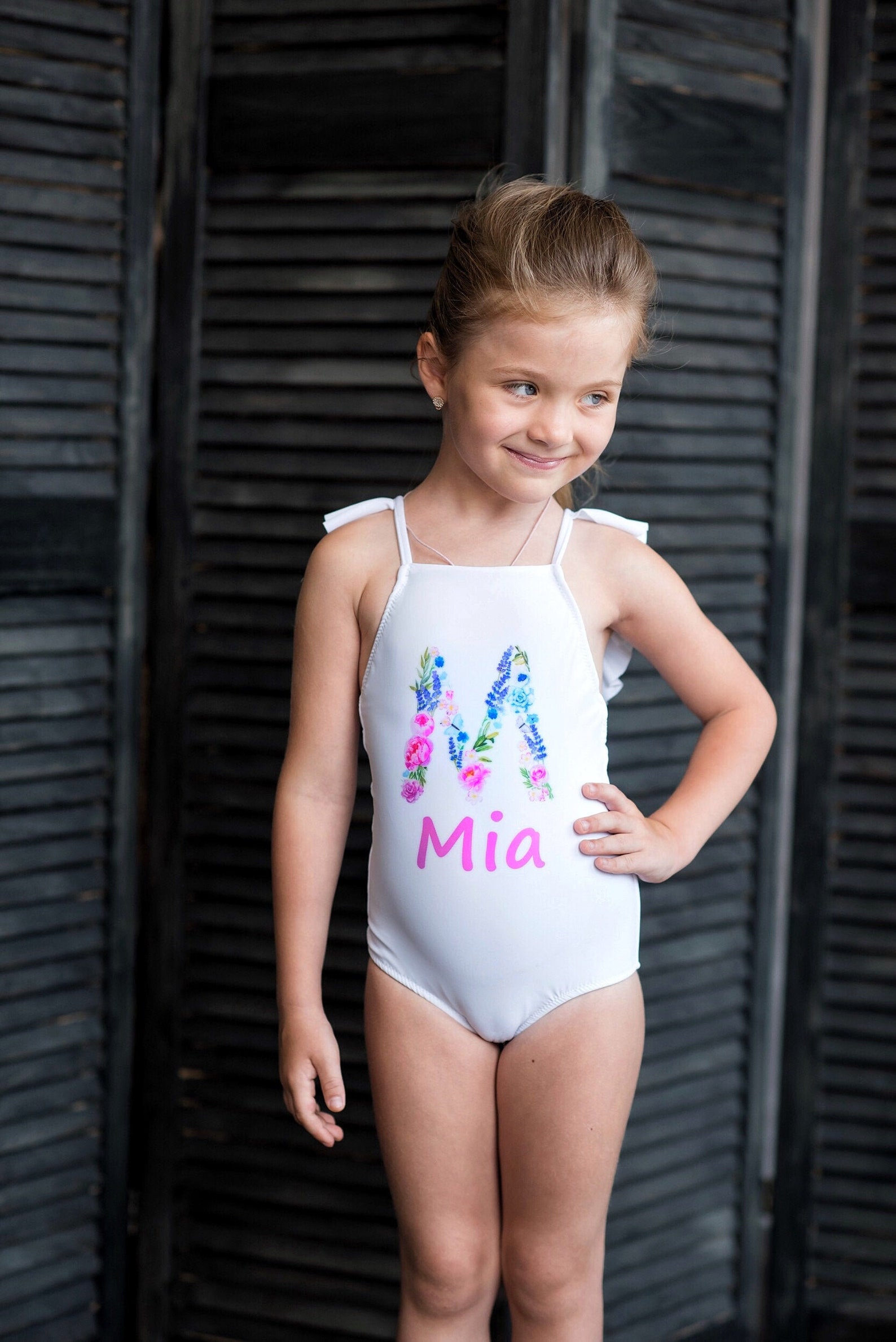 Una Pieza Niñas Monograma Traje De Baño Traje De Baño De Etsy