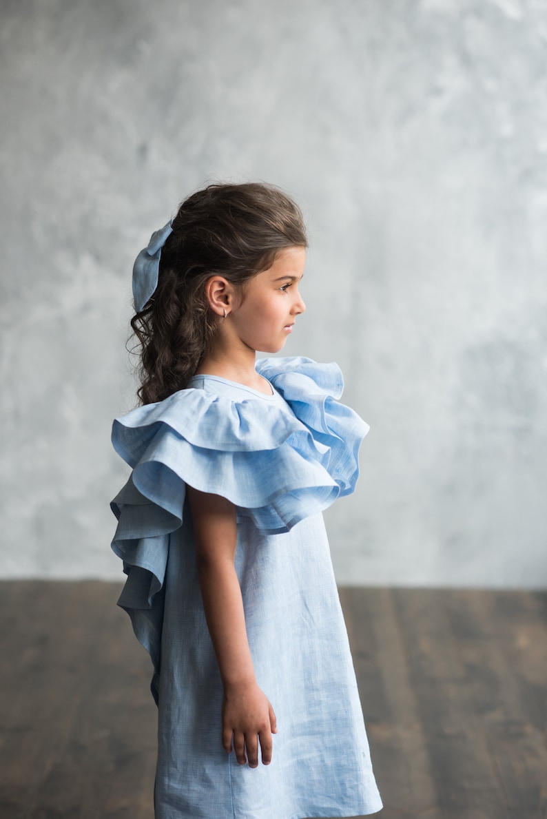 Sky Blue Melange Girls Linen Dress With Flutter Sleeve - Etsy