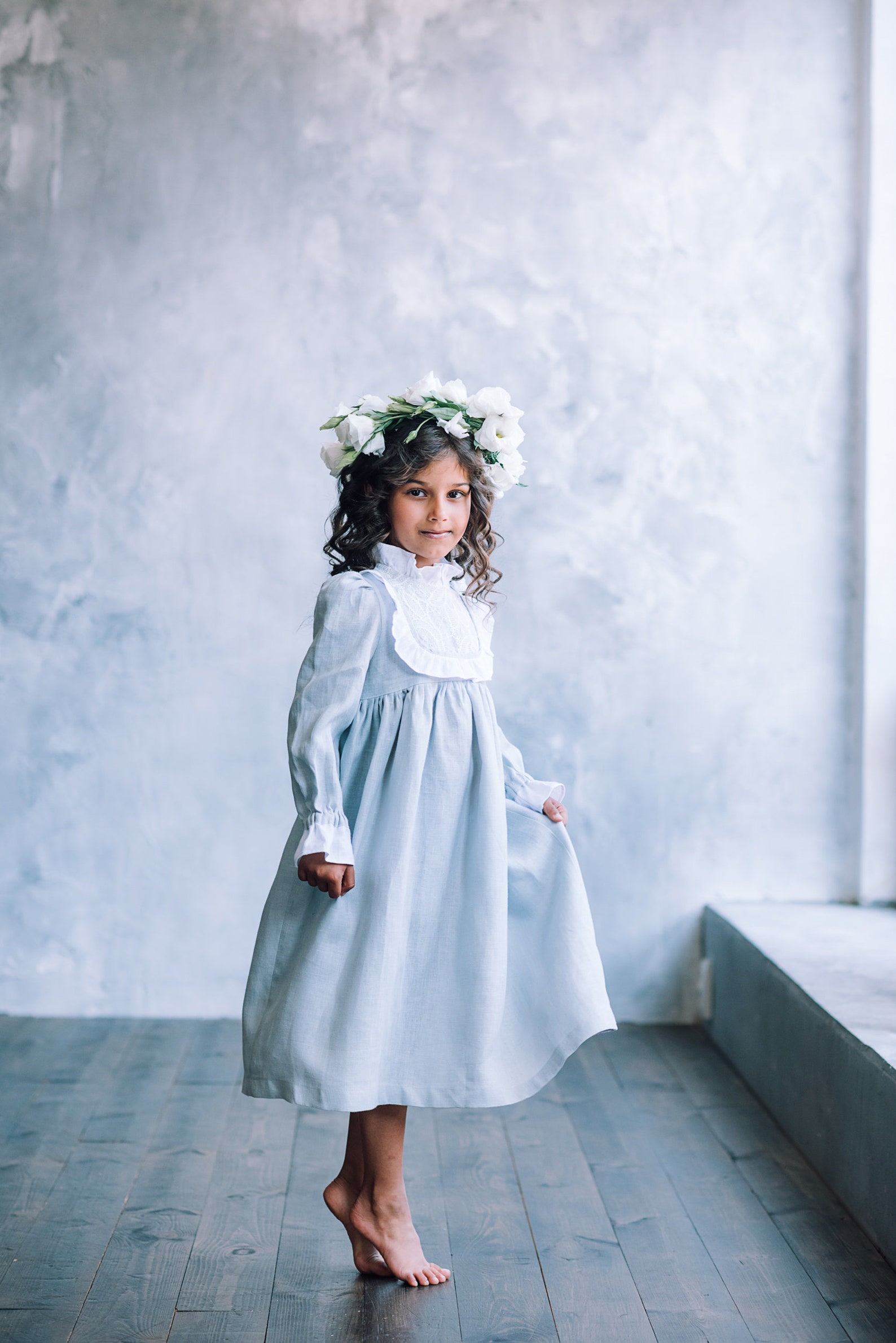 Girls Linen Dress Linen Flower Girl Dress Long Sleeve | Etsy