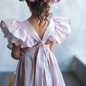 Girls Linen Dress With Flutter Sleeve, Flower Girl Dress, Rustic ...