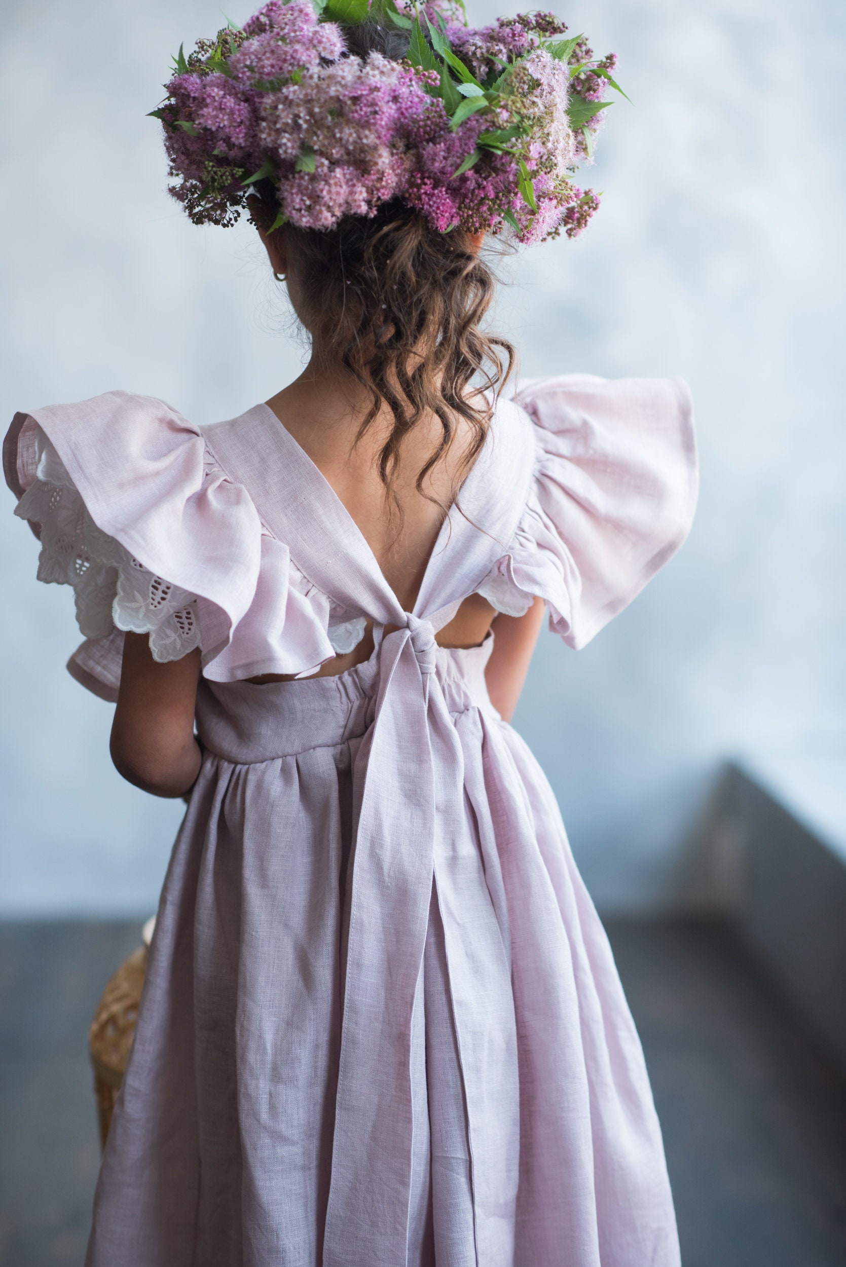 Girls linen dress with flutter sleeve flower girl dress | Etsy