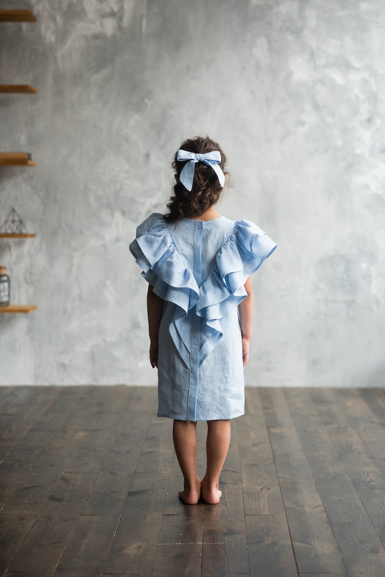 Sky Blue Melange Girls Linen Dress With Flutter Sleeve - Etsy