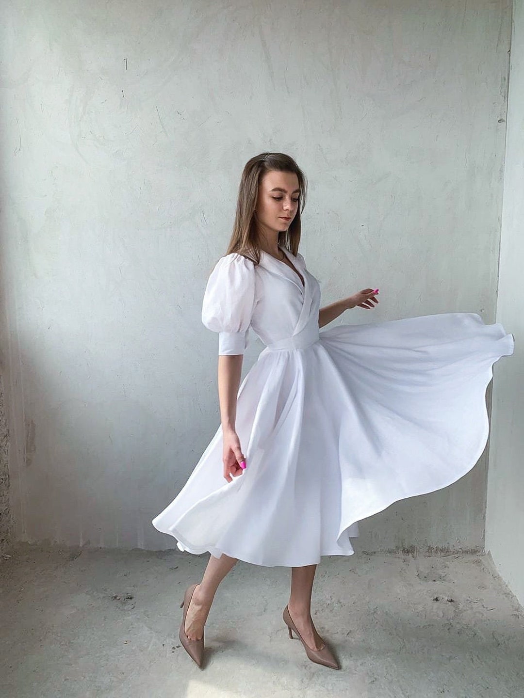 White Linen Wrap Dress: Puffy Sleeves Midi Sundress - Etsy