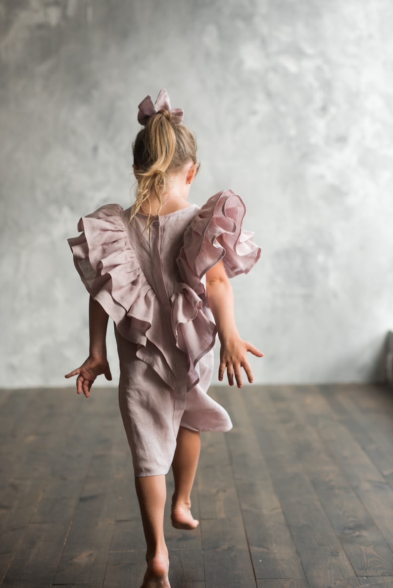 Sky Blue Melange Girls Linen Dress With Flutter Sleeve - Etsy