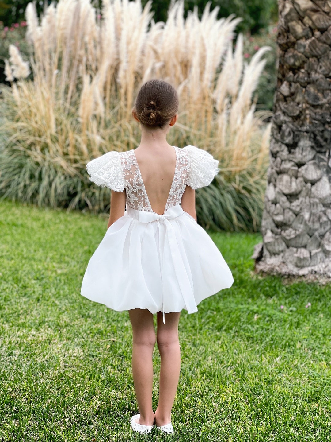 Ivory Lace Flower Girl Dress Bow, Boho Flower Girl Dress, First ...