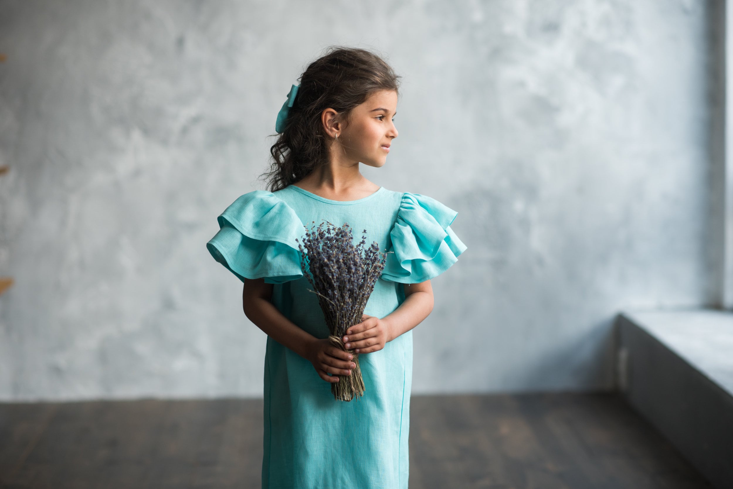 Sky Blue Melange Girls Linen Dress With Flutter Sleeve | Etsy Australia