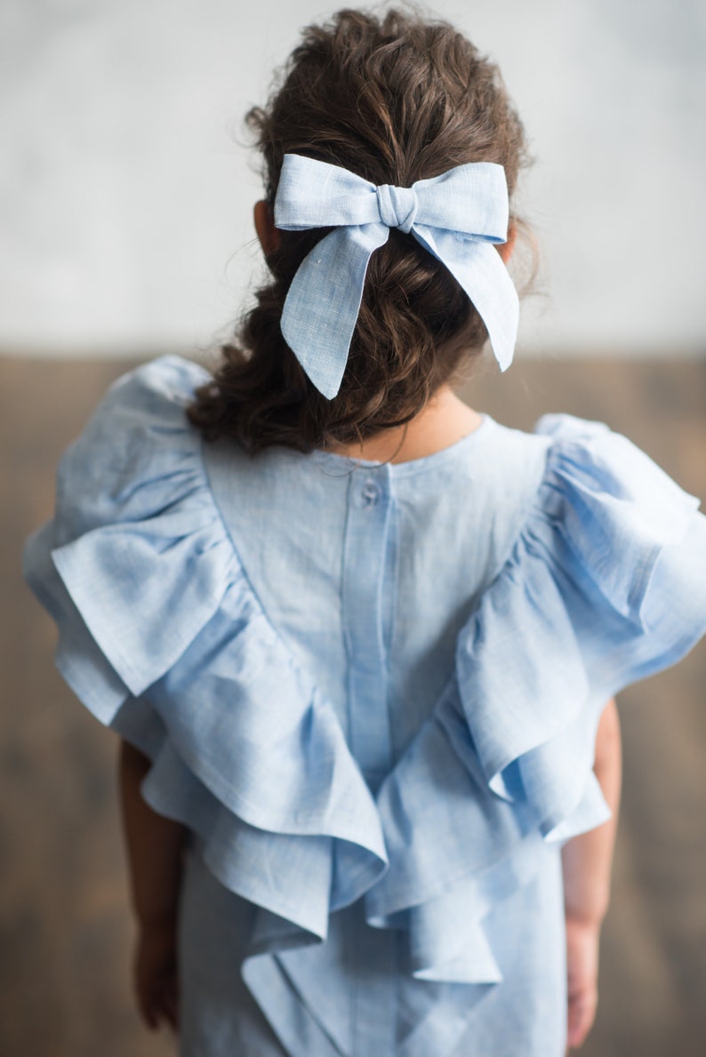 Sky Blue Melange Girls Linen Dress With Flutter Sleeve - Etsy