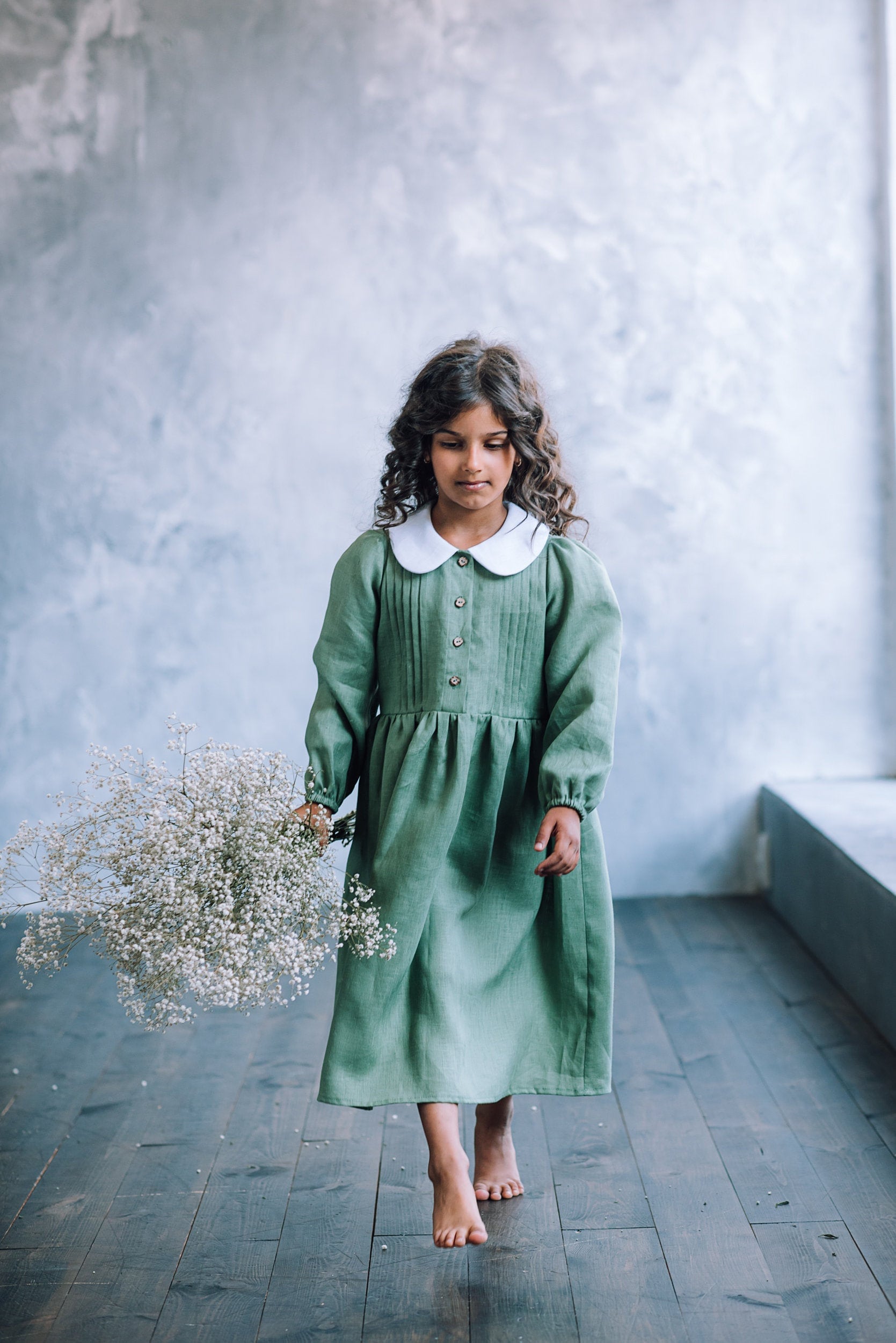 Girls Linen Dress, Long Sleeve Dress Toddler, Peter Pan Collar Dress ...